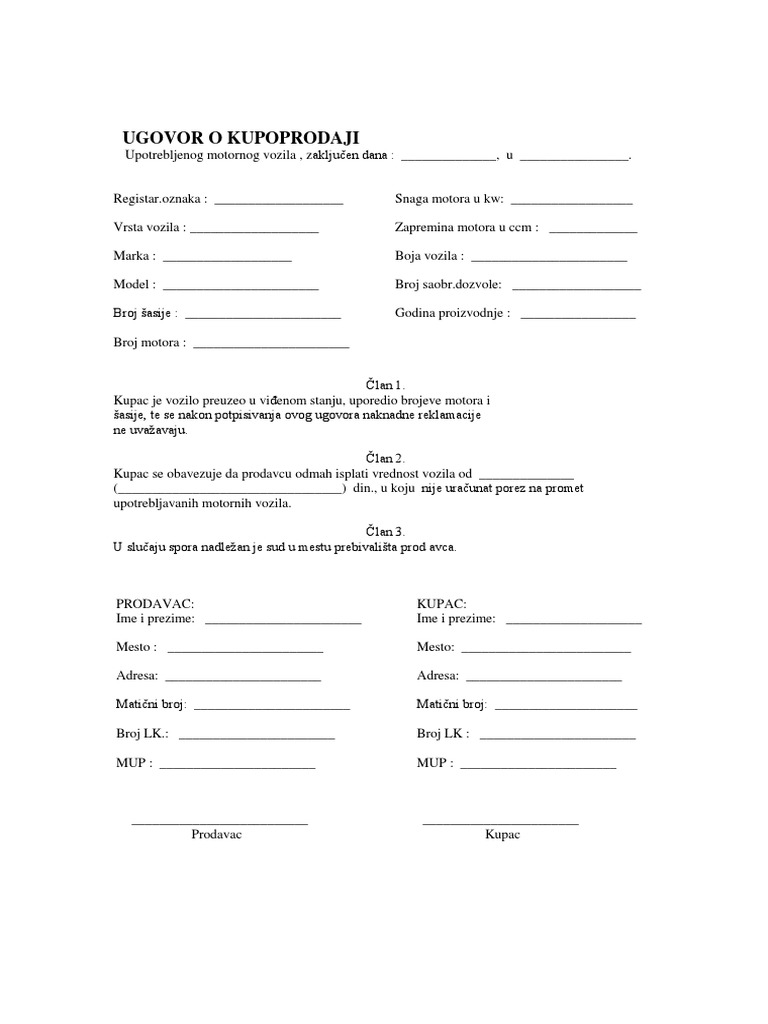 Kupoprodajni Ugovor Blanko | PDF