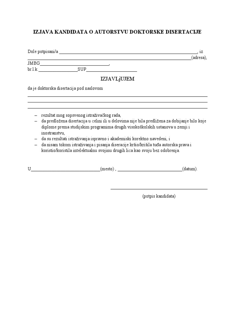 Izjava Kandidata o Autorstvu Doktorske Disertacije | PDF