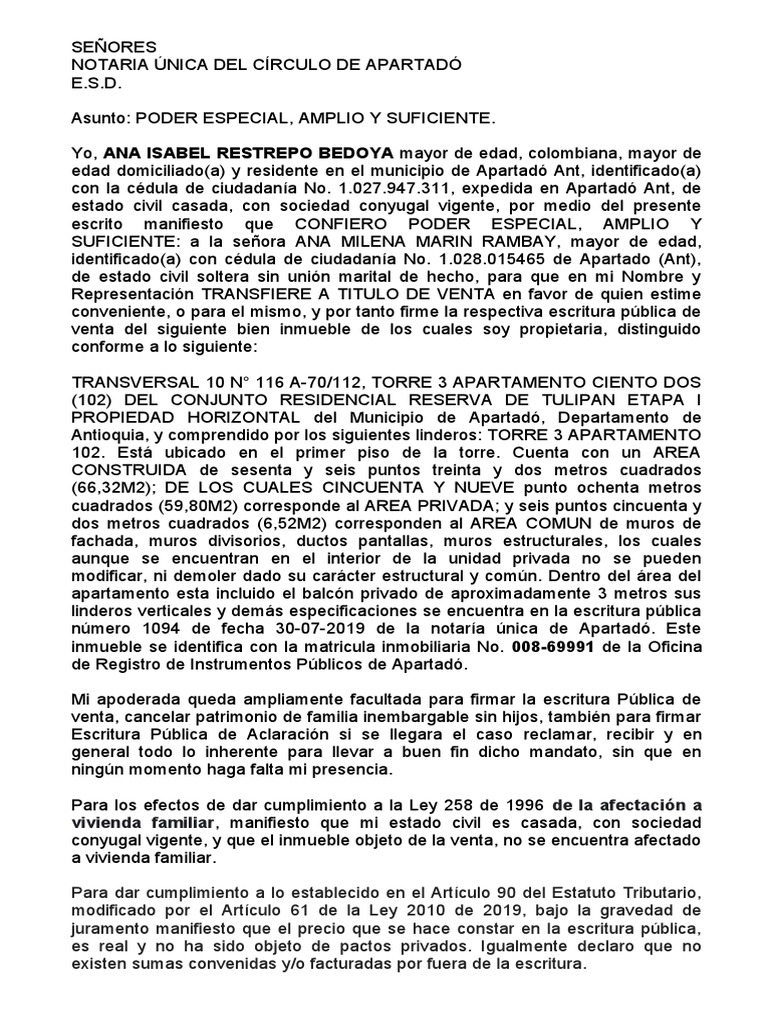 Poder Venta Ana Isabel Apto Tulipan 1 | PDF