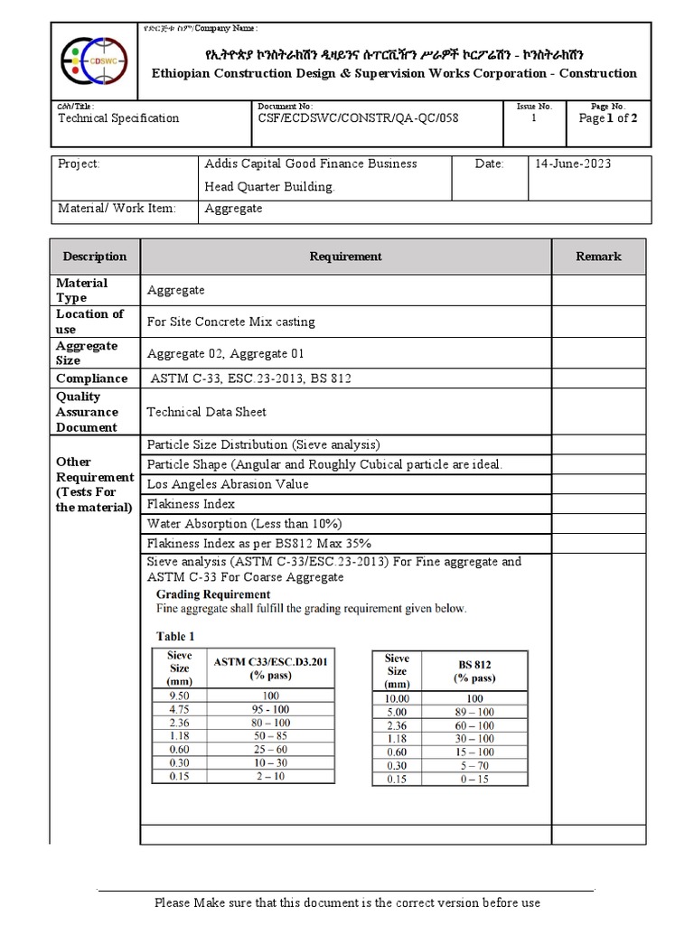 Technical Specification Form For Aggregate For ACG | PDF | Specification (Technical Standard)