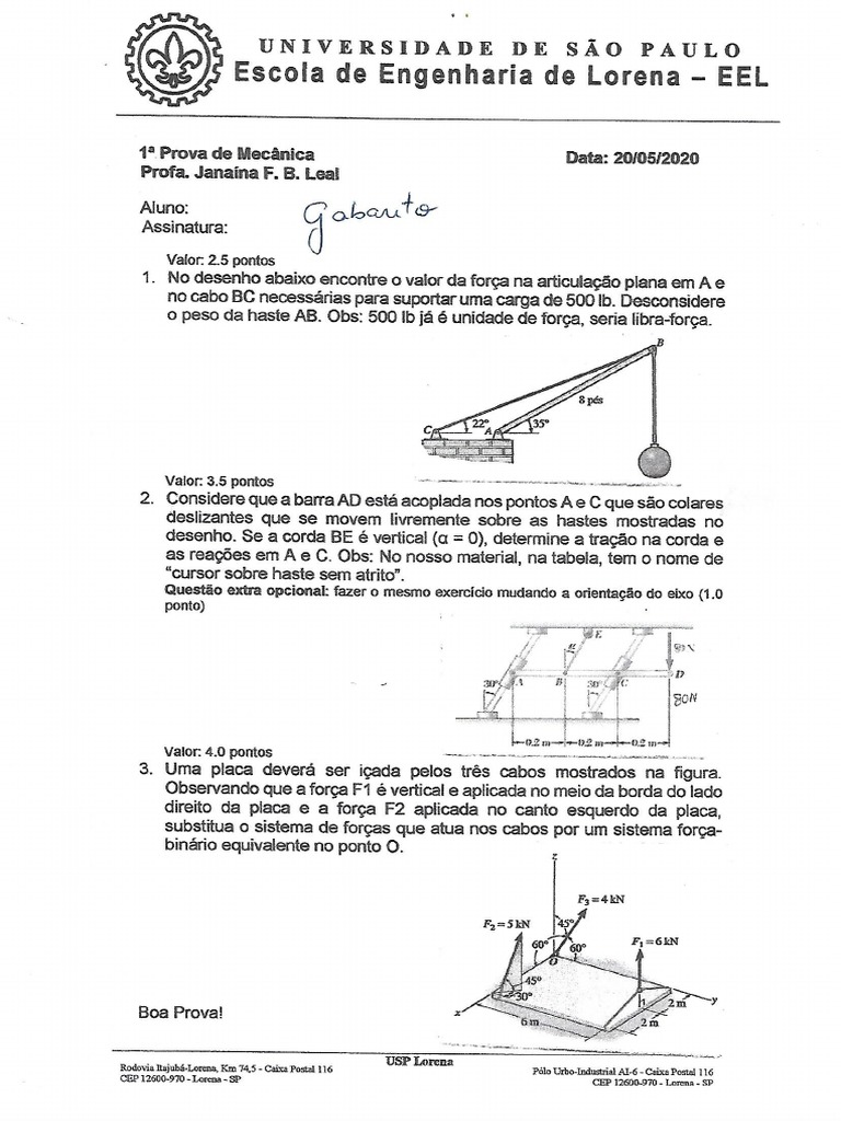 Gabarito Prova 1 Mecânica 2020 | PDF