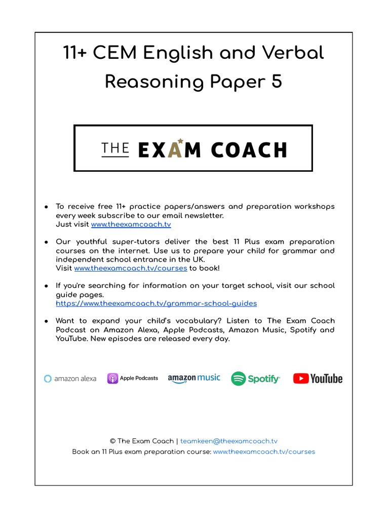 The Exam Coach 11 CEM English & Verbal Reasoning Paper 5 | PDF