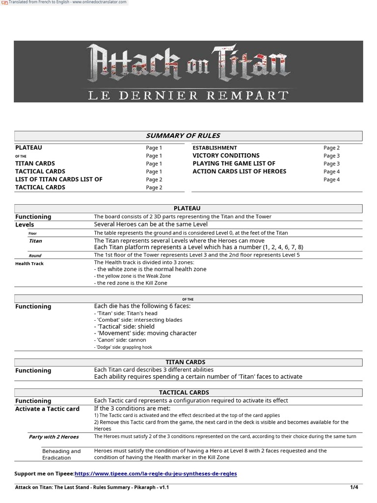 Attack on Titan Game Rules Summary | PDF