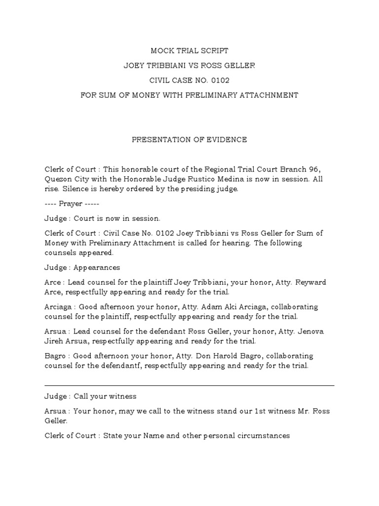 DEFENDANT Mock Trial Script First Witness DIRECT TO REDIRECT | Download ...