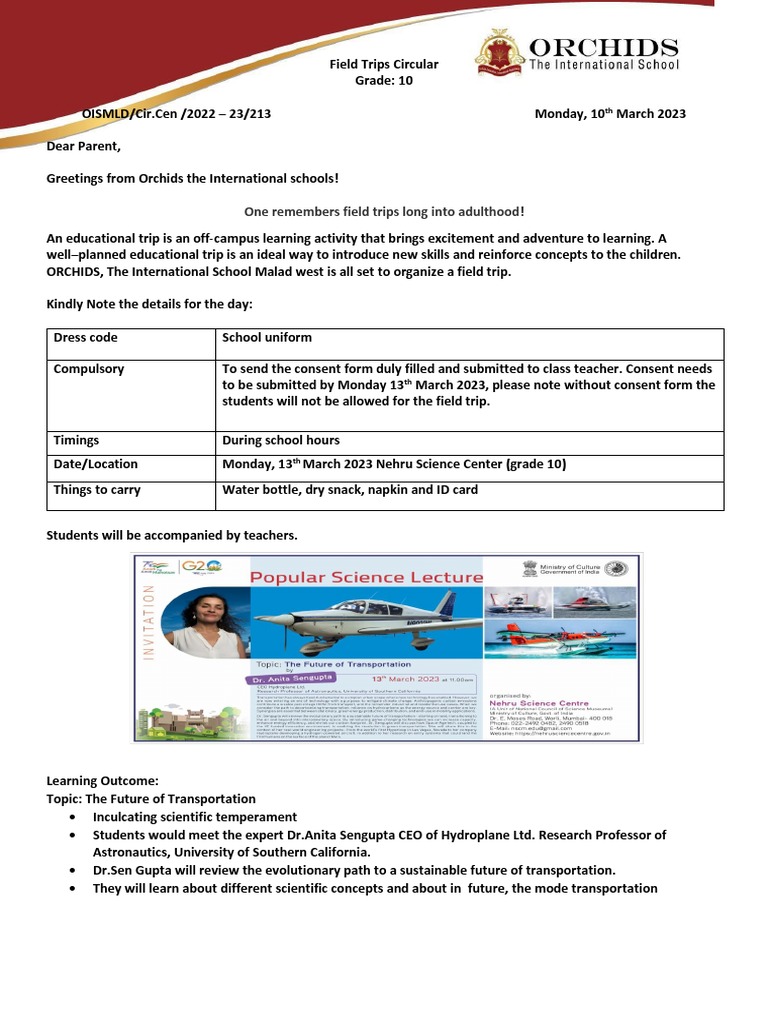 Grade 10 Field Trip Circular | PDF | Behavior Modification | Learning