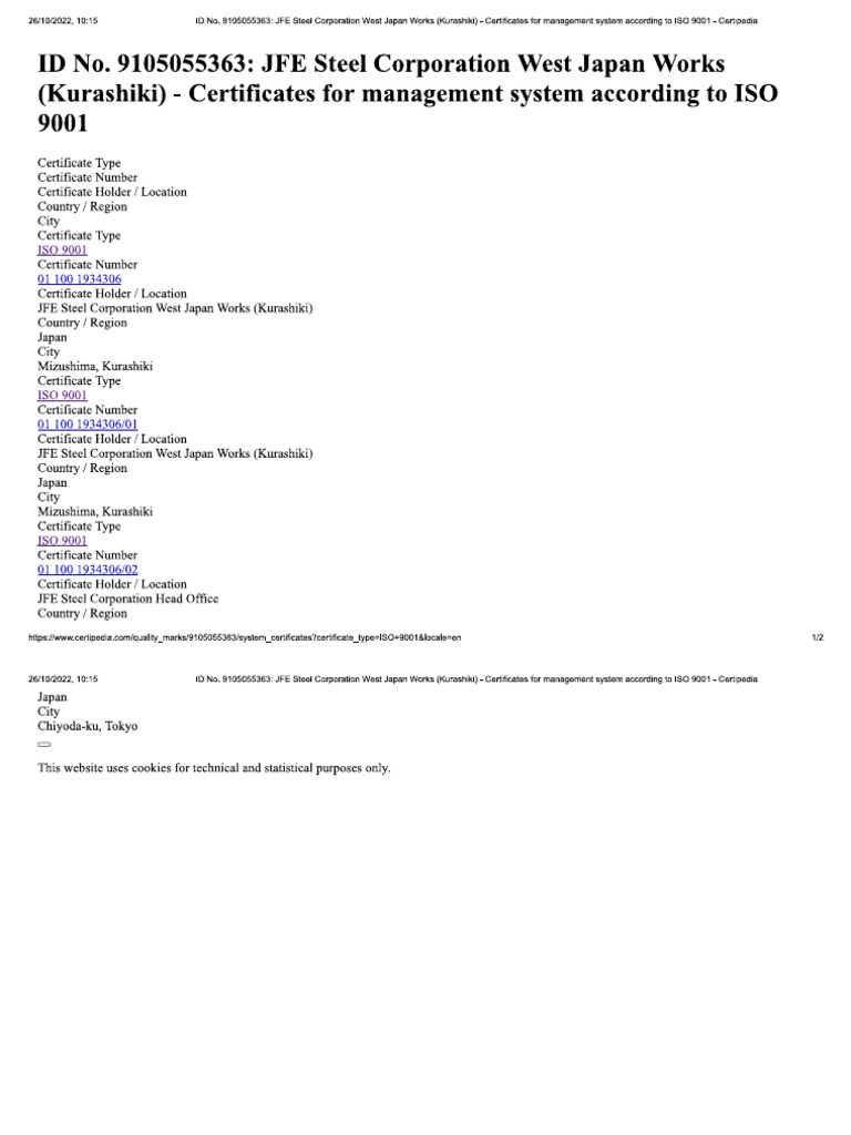 ID No. 9105055363 - JFE Steel Corporatio... Tem According To ISO 9001 - Certipedia | PDF