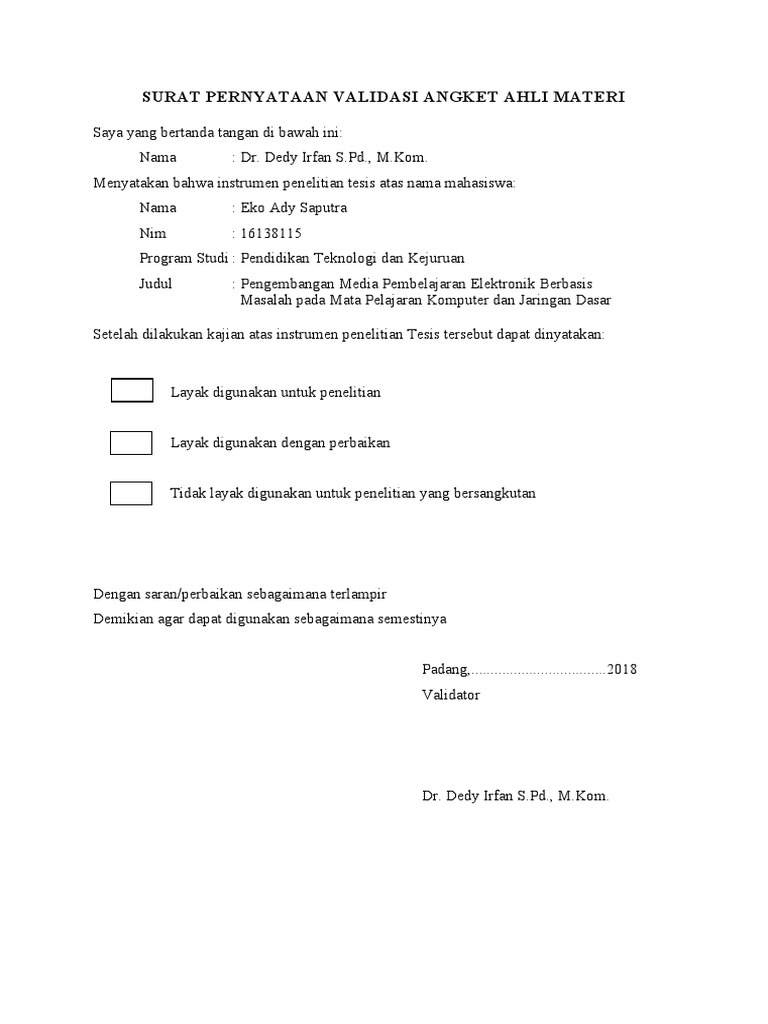 Surat Pernyataan Validasi Ahli | PDF