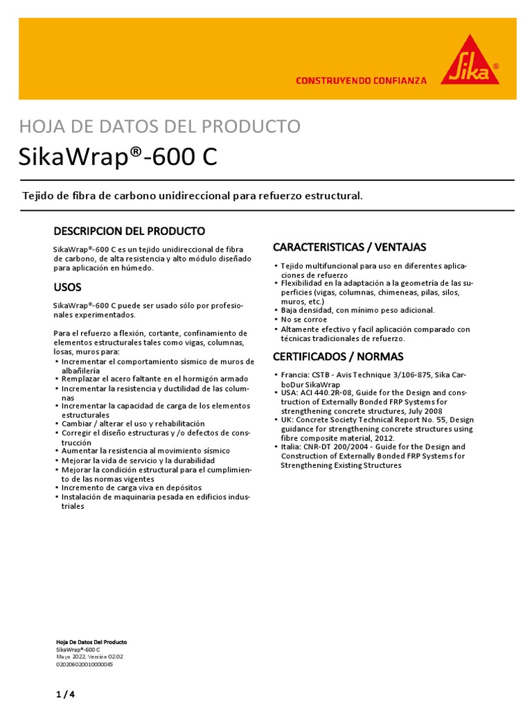 SikaWrap - 600 C (2022) | PDF | Hormigón | Materiales