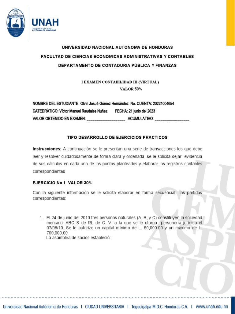 Examen I Contabilidad III 220716 Olvin | PDF | Compartir (Finanzas ...