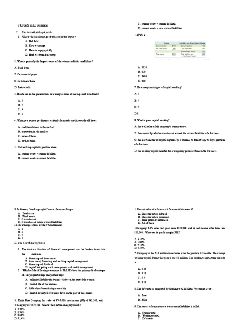 Quizz | PDF | Working Capital | Finance & Money Management