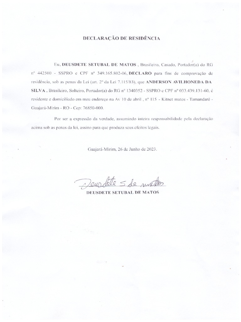 Declaração de Residência Com A Assinatura | PDF