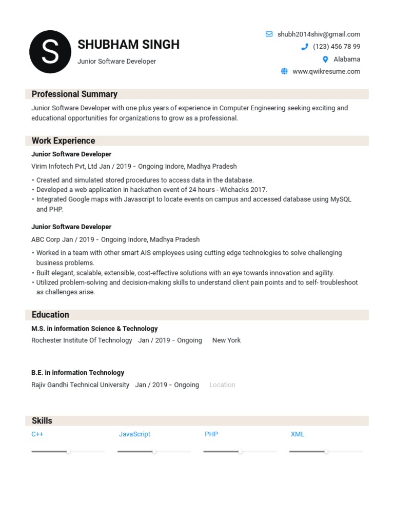Junior Software Developer Resume | PDF
