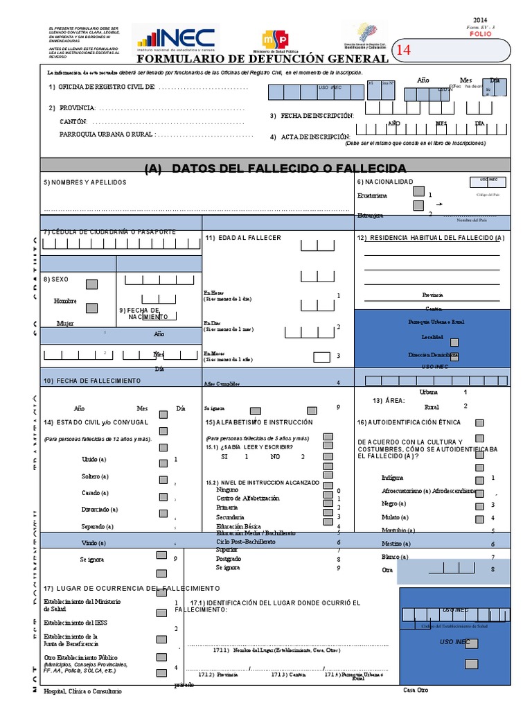 Formulario de Defuncion General 2014 | PDF | Muerte | Ciencias de la Salud
