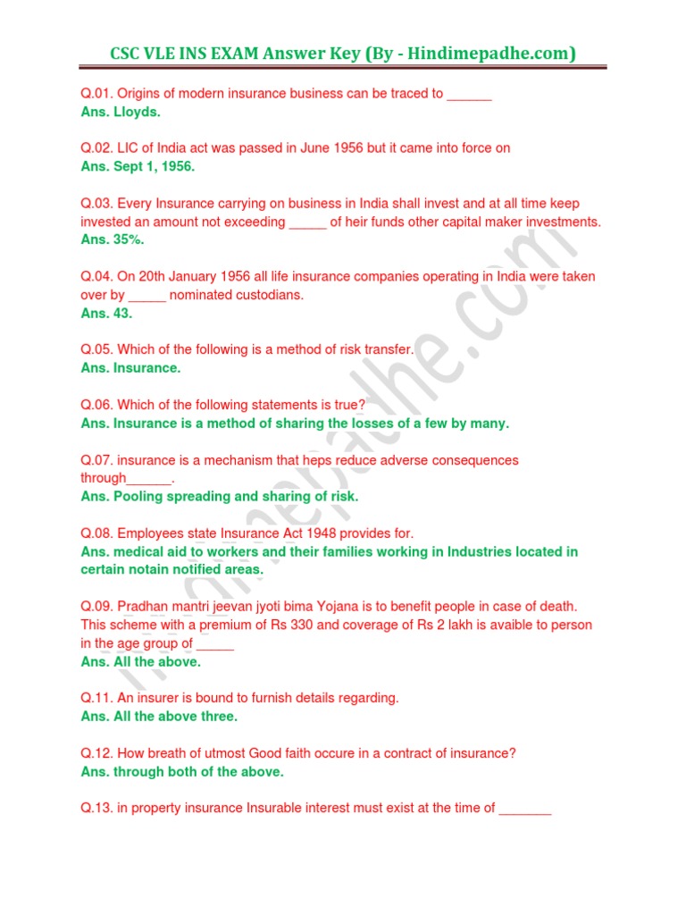 CSC VLE Insurance Exam Questions and Answers New | PDF | Insurance | Risk