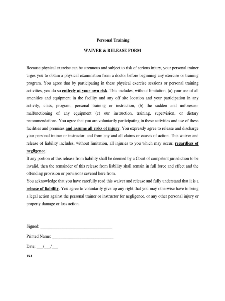 Personal Training Waiver and Release Form | PDF