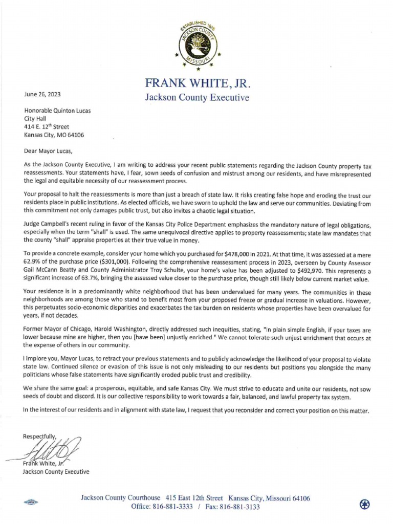 Letter To Mayor Quinton Lucas From County Executive Frank White Jr. | PDF