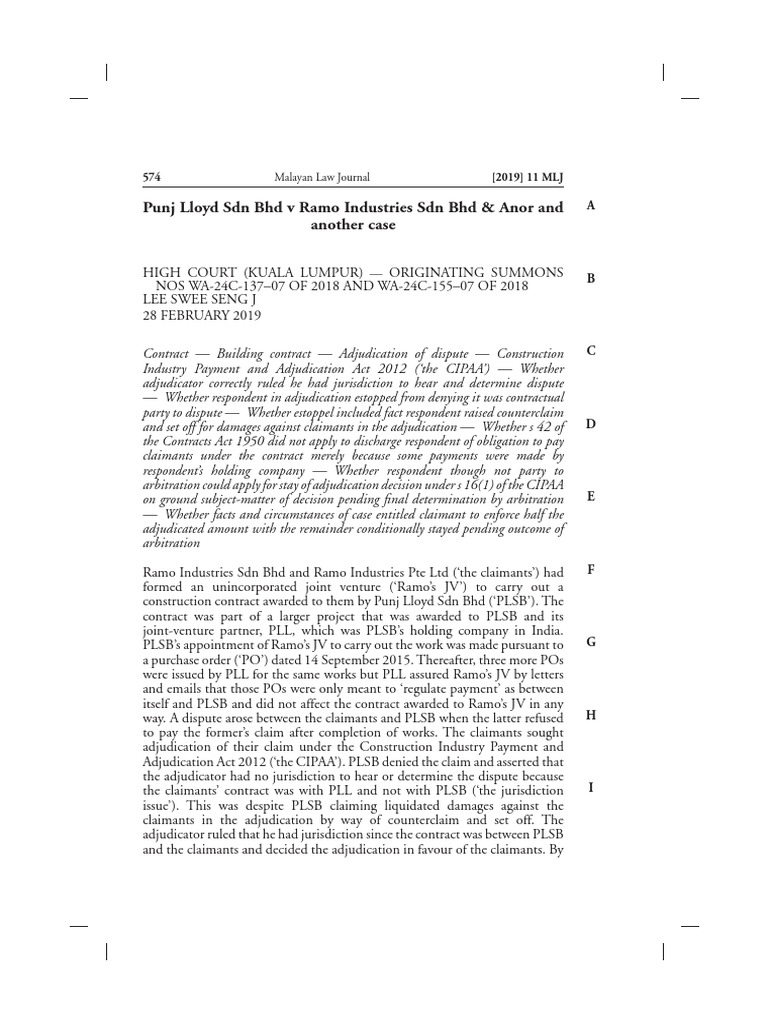 Punj Lloyd v Ramo Industries Case Summary | PDF | Adjudication ...