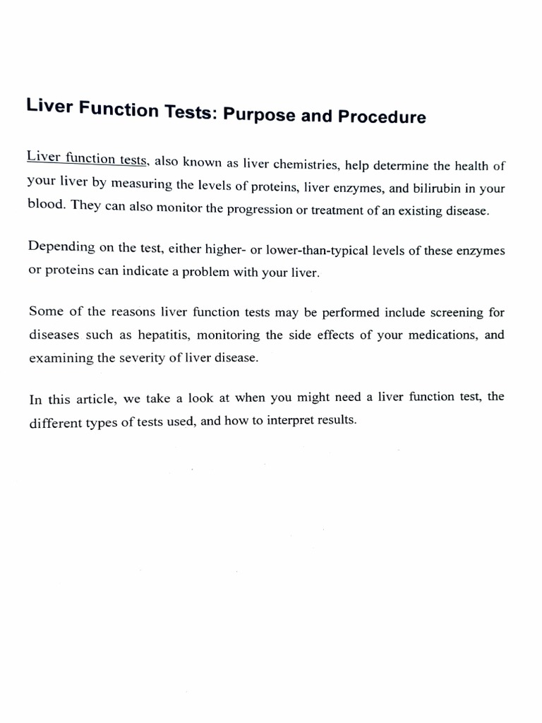Liver Function Tests - Purpose and Procedure | PDF | Alanine ...