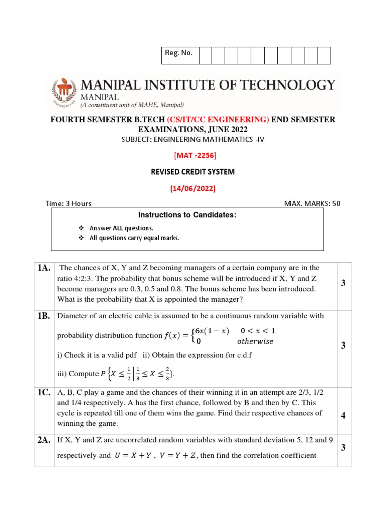 Engineering Mathematics-IV (MAT 2256) | PDF | Variance | Probability ...