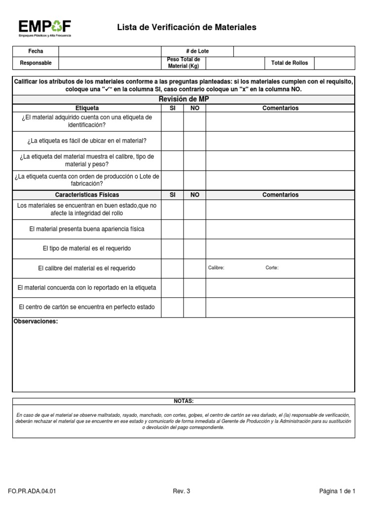 FO - PR.ADA.04.01 Lista de Verificación de Materiales | PDF