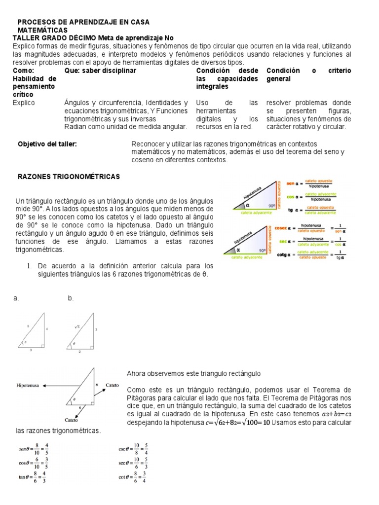 Guía Razones Trigonométricas en T. Rectángulos | PDF | Funciones trigonométricas | Triángulo