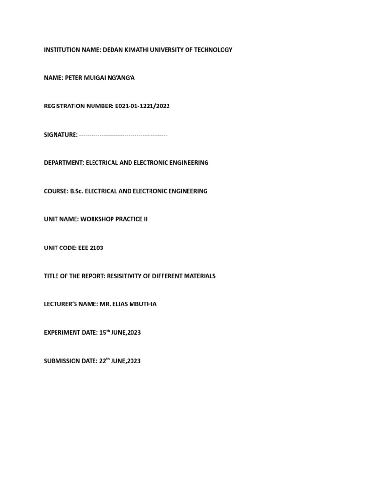 Workshop Practice II Report | PDF | Electrical Resistance And Conductance | Electrical ...