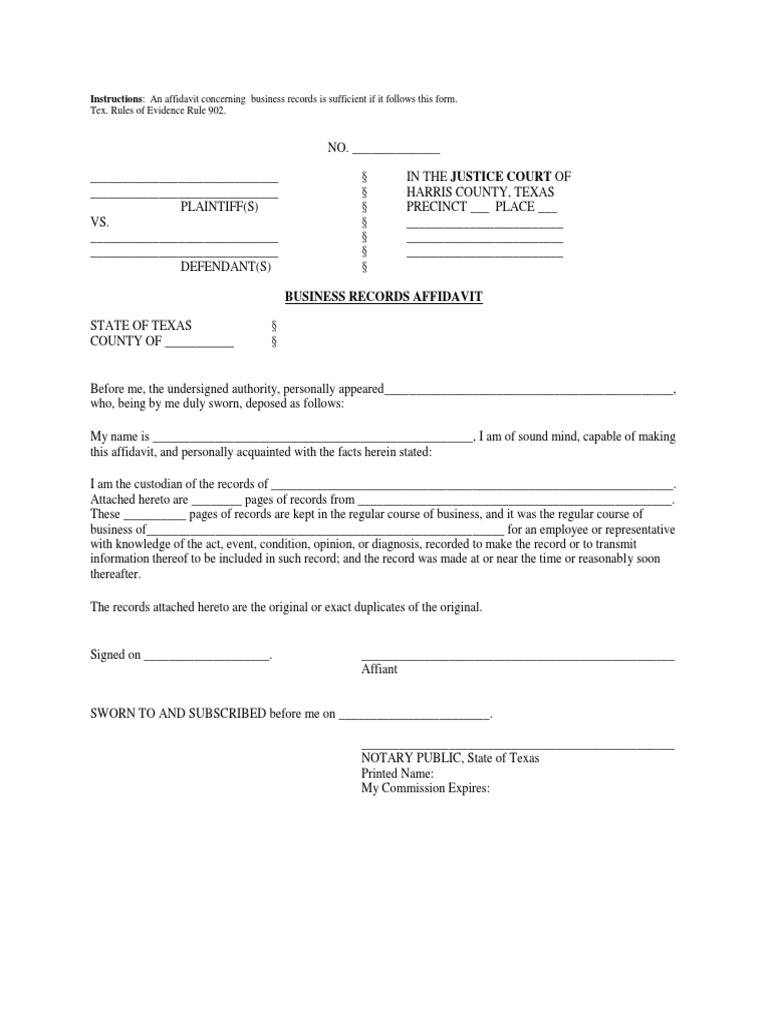 Texas Business Records Affidavit Form | PDF | Affidavit | Civil Law (Common Law)