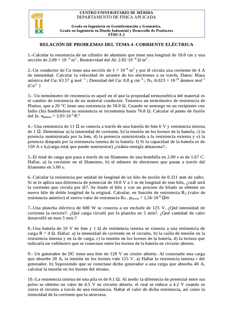 Tema 4 - Problemas de Corriente Eléctrica | PDF | Corriente eléctrica | voltaje