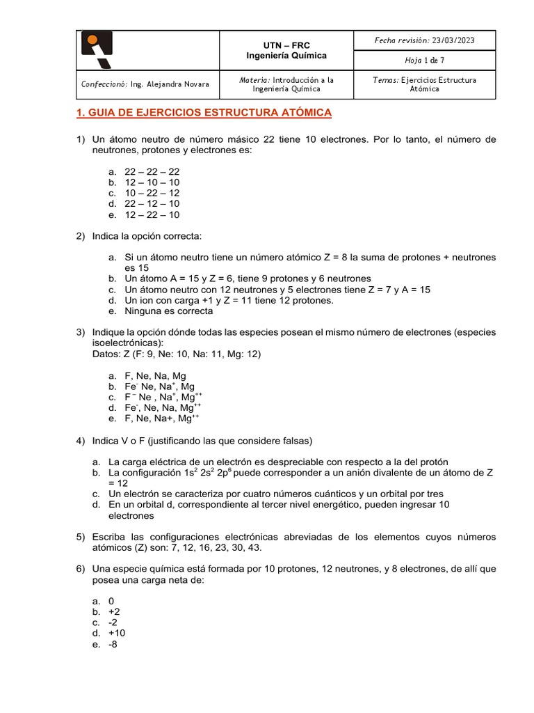 G01 - 2023-IIQ - Guía Estructura Atómica | PDF | Configuración ...