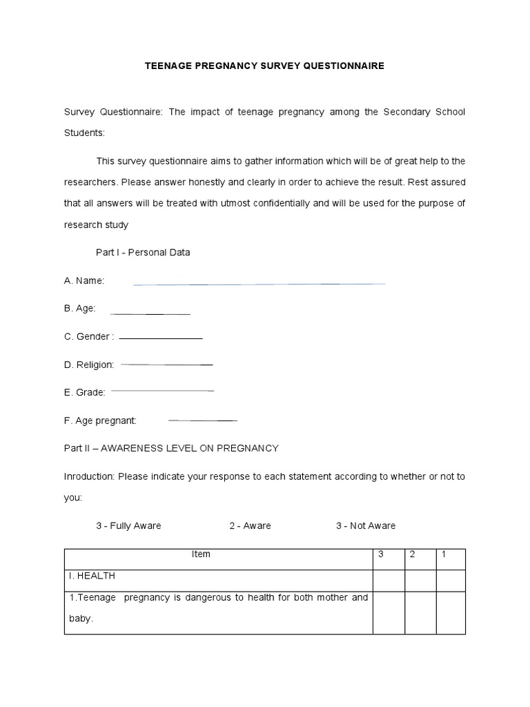 Teenage Pregnancy Survey Questionnair 12 | PDF | Teenage Pregnancy ...