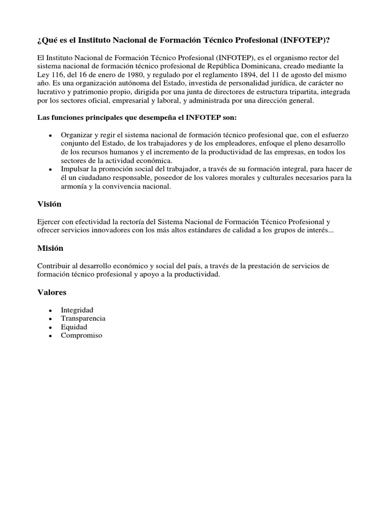 Infotep, Mision Vision y Valores | PDF
