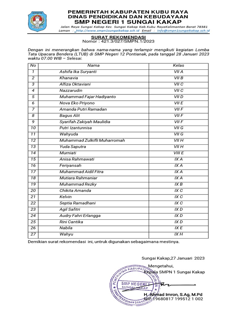 Surat Rekom - Kepsek SMP 1 | PDF