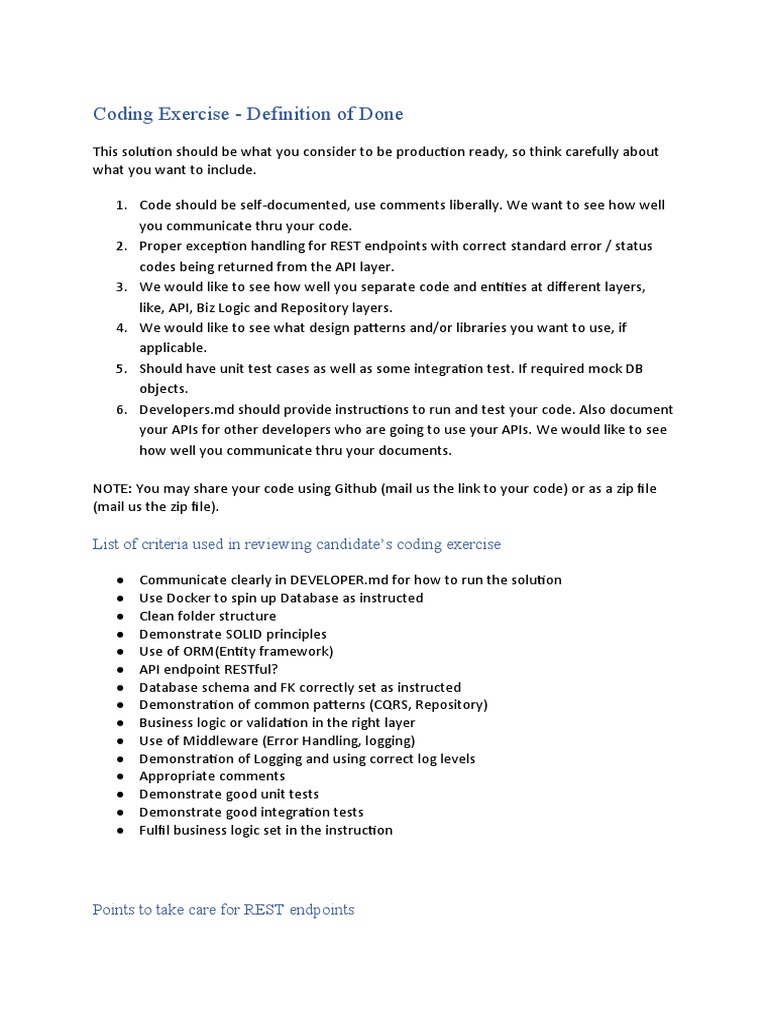 Coding Exercise - Definition of Done | PDF