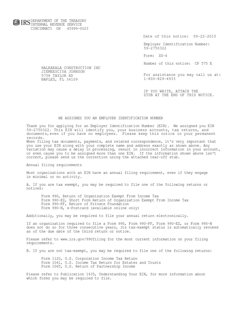 EIN-for-HALEAKALA CONSTRUCTION INC-confirmation-letter | PDF | Irs Tax ...