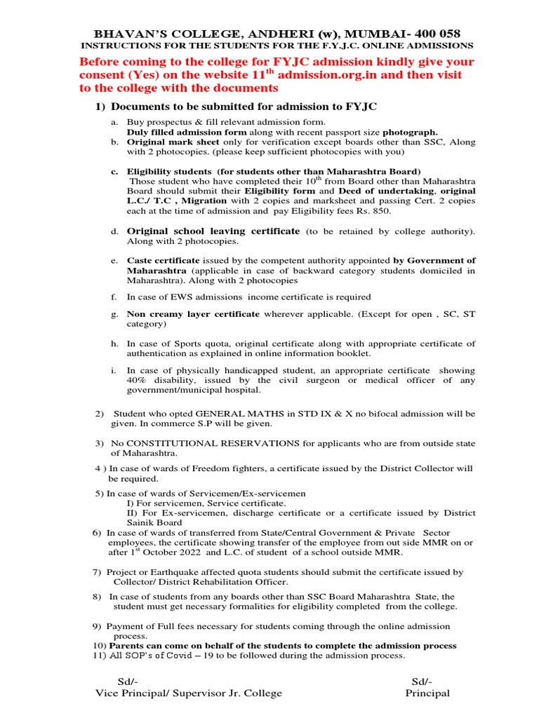 FYJC Admission Instructions 2023-24 | PDF