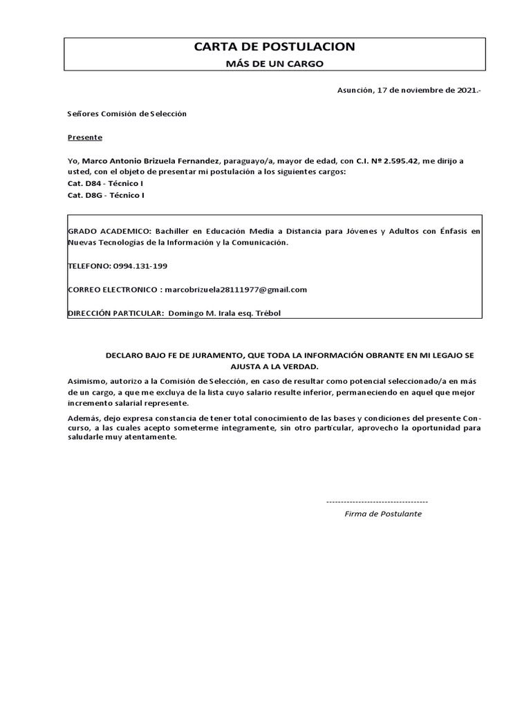 Carta de Postulación a Cargos Técnicos | PDF | Crecimiento personal y ...