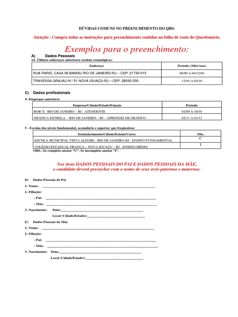 Exemplos para o Preenchimento | PDF
