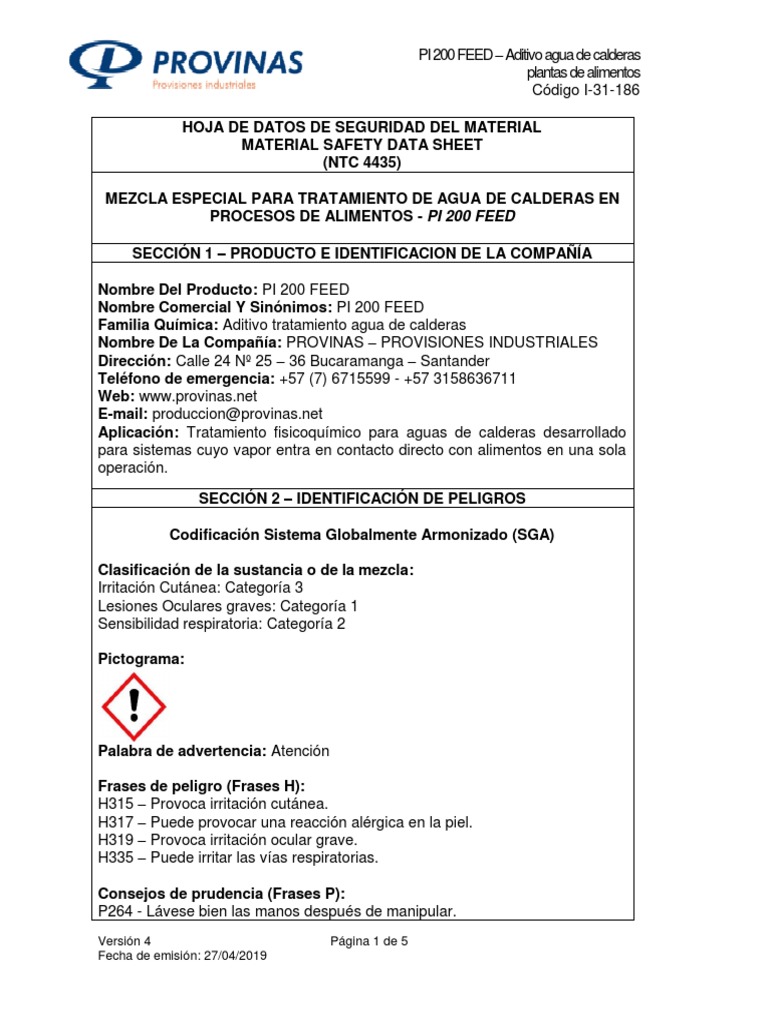 Pi 200 Feed MSDS I-31-186 (Sga) (2019) V4 | PDF | Agua | Residuos