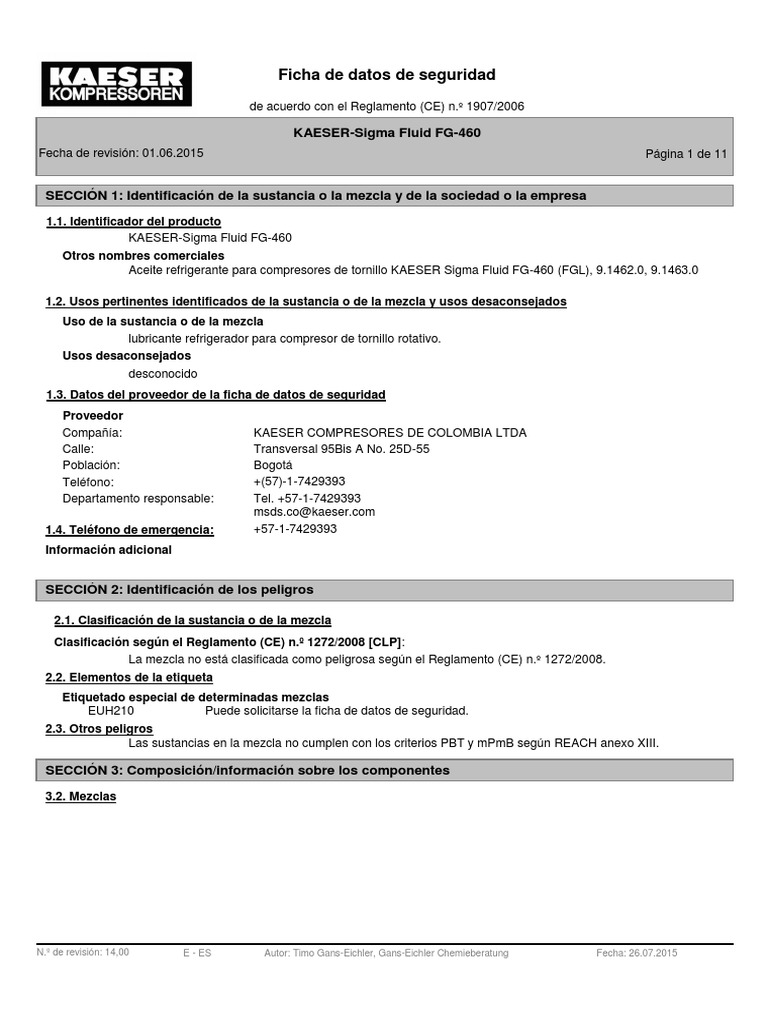 Ficha de Seguridad: Kaeser Sigma Fluid FG-460 | PDF | Residuos | Agua