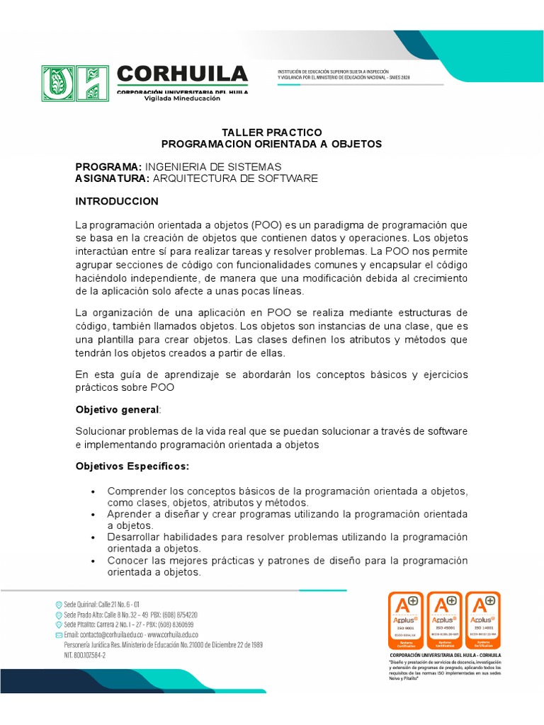 Taller Practico POO | PDF | Objeto (informática) | Programación orientada a objetos