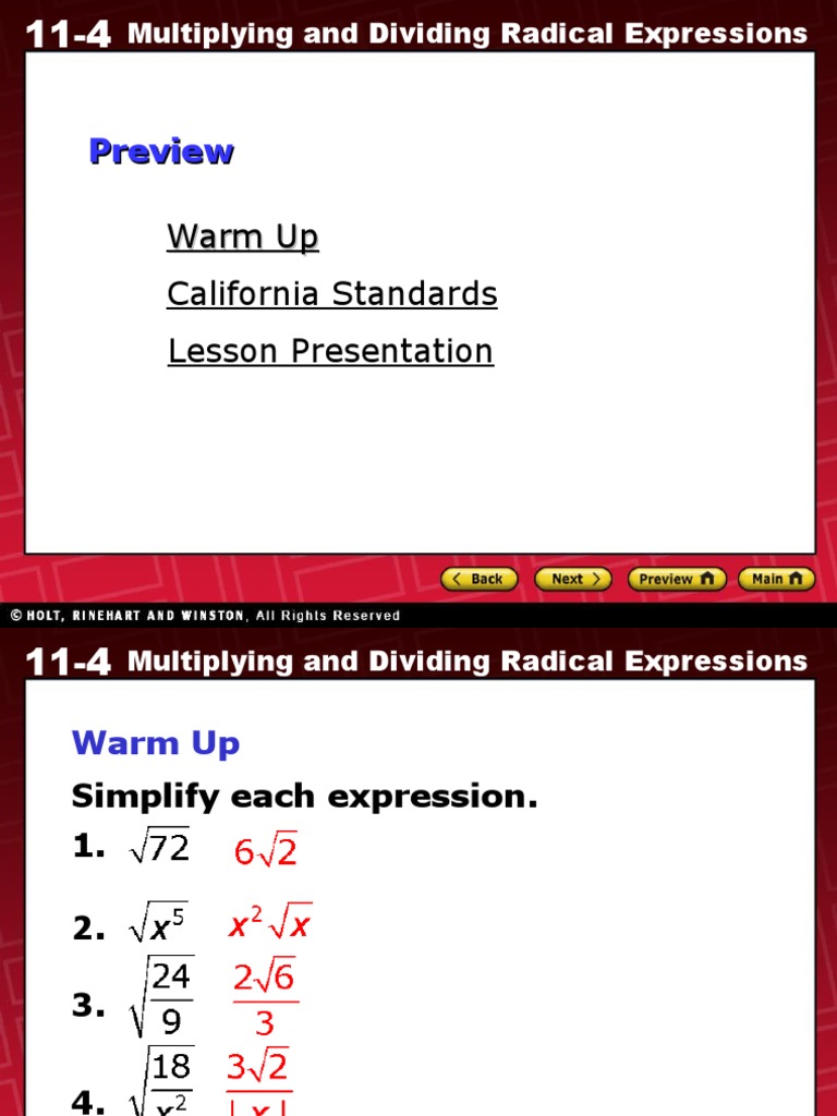 11-4 Multiplying Dividing Radical Expressions | PDF | Multiplication ...