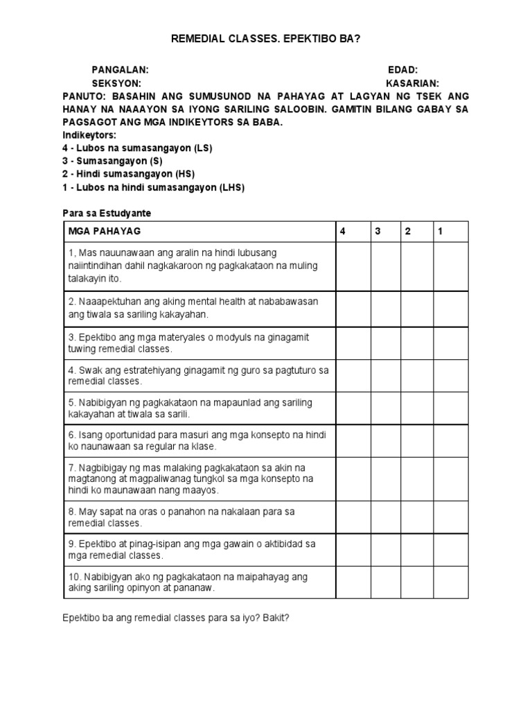 Remedial Classes. Epektibo Ba - Survey Form | PDF
