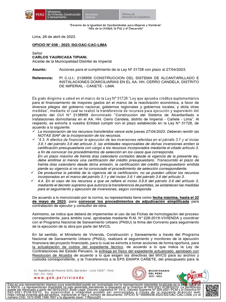 Oficio N°038-2023-CAC Lima Prov. (A MD Imperial PI CUI #2138958) (R ...