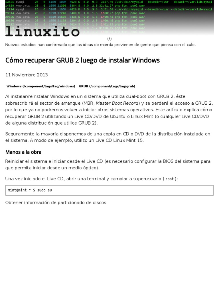 Cómo Recuperar GRUB 2 Luego de Instalar Windows | PDF | Software del sistema | Tecnología de ...