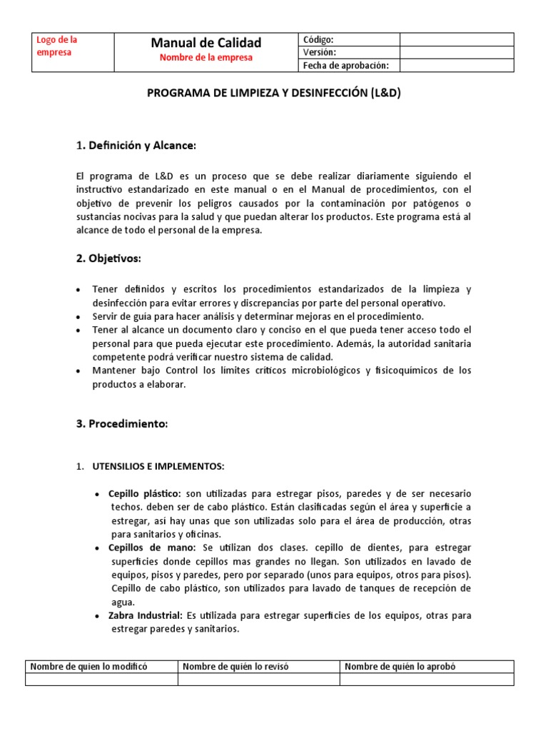 PROGRAMA DE LIMPIEZA Y DESINFECCIÓN | PDF | Agua | Detergente