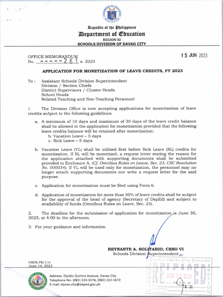 2023-OFFICE MEMORANDUM No. 261 - APPLICATION FOR MONETIZATION OF LEAVE CREDITS, FY 2023 | PDF
