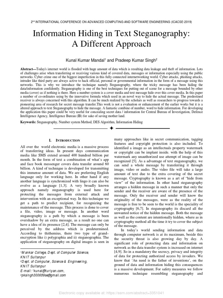 Information Hiding In Text Steganography A Different Approach 2019 Pdf Cryptography Encryption