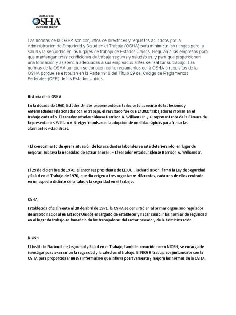 Historia de La OSHA | PDF | Administración de Seguridad y Salud ...