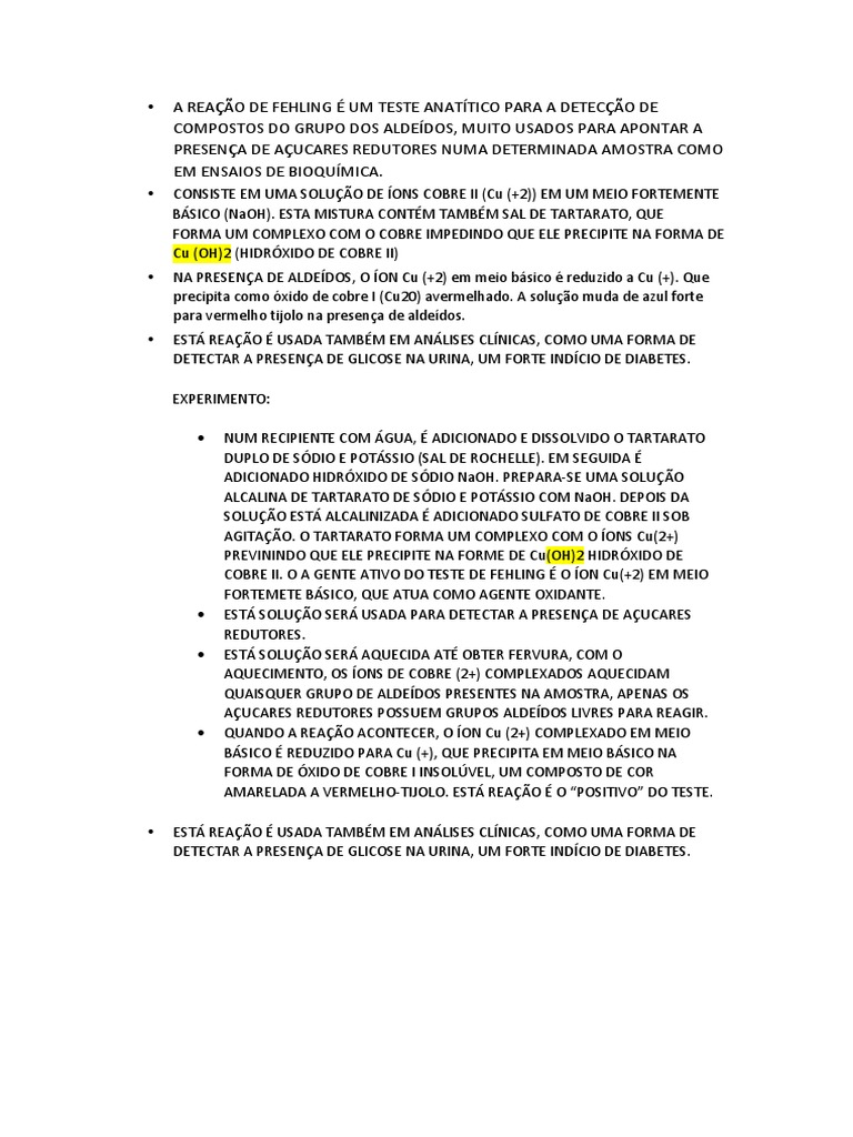 Reação de Fehling e Detecção de Açúcares | PDF
