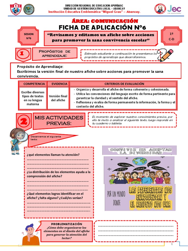 1° Ficha de Aplicación-Sesión6-Sem.3-Exp.1-Comu - CG | PDF | Evaluación | Póster